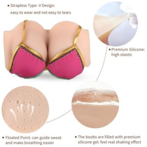 ICEVER Breast Plate Crossdressers Silicone or Cotton Filled Strapless Fake Breast Boobs B-H Cup for Cosplay Transgender (Bronze,D cup L size silicone gel filler)