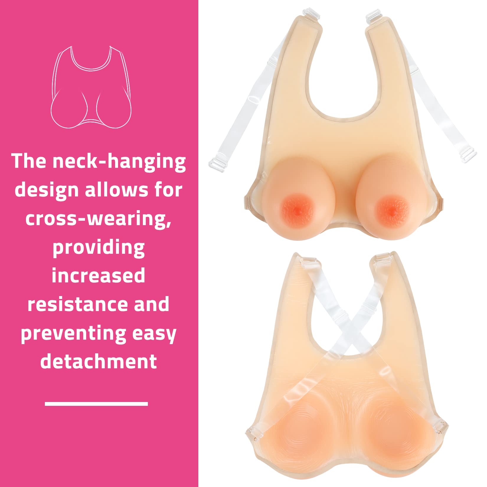 Vollence Durable DD Cup Strap on Silicone Breast Form with Shoulder Strap Fake Boobs False Breast for Mastectomy Prosthesis Crossdresser Transgender Cosplay