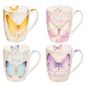 christian art gifts botanic butterfly blessings coffee/tea mug set w/scripture teal grace butterfly, purple blessed butterfly, pink believe butterfly, yellow hope butterfly, microwave/dishwasher safe