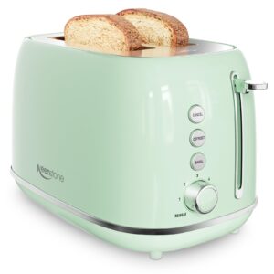 2 slice toaster retro stainless steel toaster with bagel, cancel, defrost function and 6 bread shade settings bread toaster, extra wide slot and removable crumb tray (green)