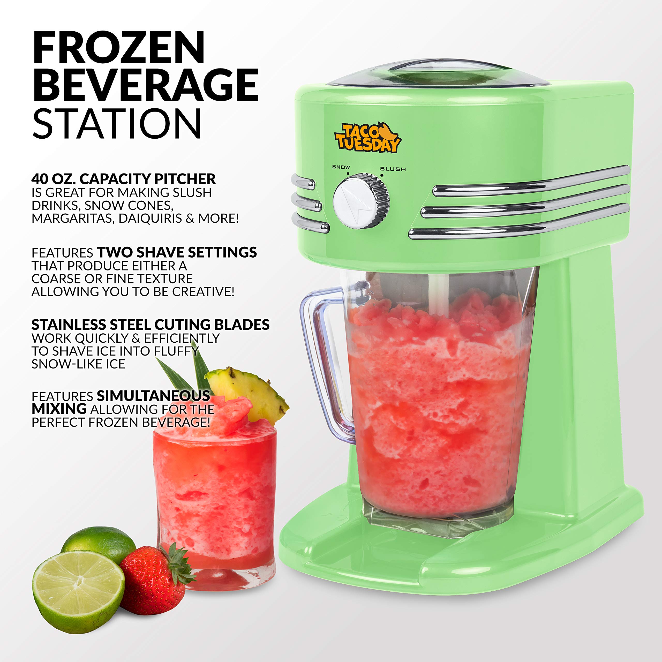 Nostalgia Taco Tuesday Frozen Drink Maker and Margarita Machine for Home - 40-Ounce Slushy Maker with Stainless Steel Flow Spout - Easy to Clean and Double Insulated - Lime Green