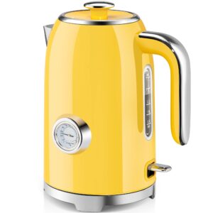 susteas electric kettle - 57oz hot tea kettle water boiler with thermometer, 1500w fast heating stainless steel tea pot, cordless with led indicator, auto shut-off & boil dry protection, retro yellow