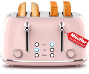 mueller retro toaster 4 slice with extra wide slots bagel, defrost, and cancel function, 6 browning levels, dual independent controls, removable crumb tray and high lift levers, pink