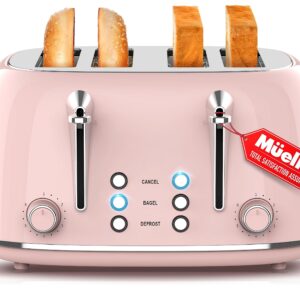 Mueller Retro Toaster 4 Slice with Extra Wide Slots Bagel, Defrost, and Cancel Function, 6 Browning Levels, Dual Independent Controls, Removable Crumb Tray and High Lift Levers, Pink