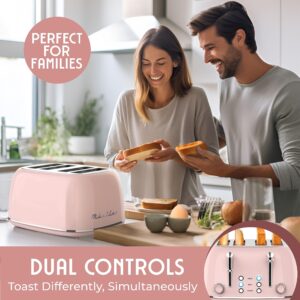 Mueller Retro Toaster 4 Slice with Extra Wide Slots Bagel, Defrost, and Cancel Function, 6 Browning Levels, Dual Independent Controls, Removable Crumb Tray and High Lift Levers, Pink