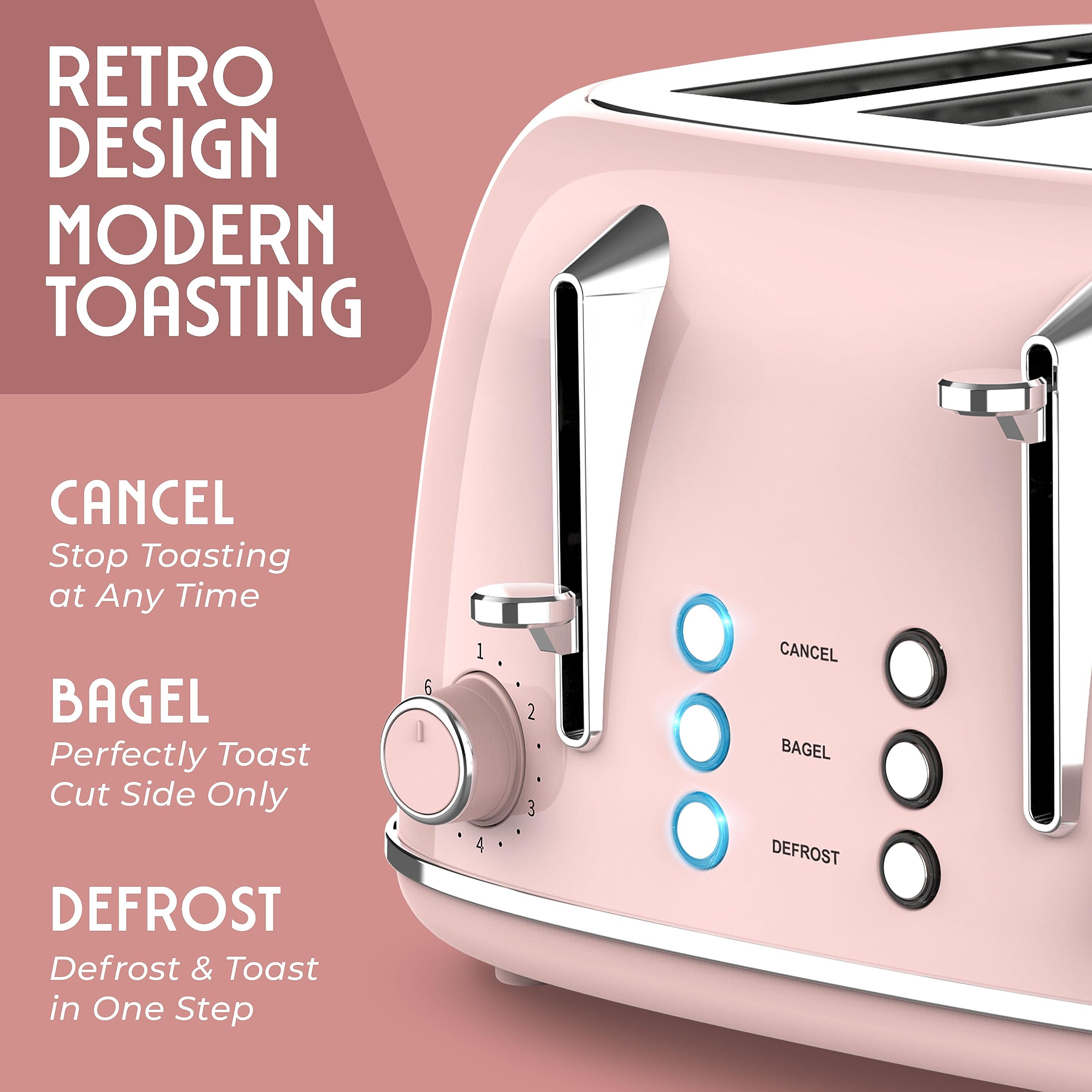 Mueller Retro Toaster 4 Slice with Extra Wide Slots Bagel, Defrost, and Cancel Function, 6 Browning Levels, Dual Independent Controls, Removable Crumb Tray and High Lift Levers, Pink