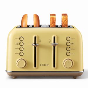 buydeem dt640 4-slice toaster, extra wide slots, retro stainless steel with high lift lever, bagel and muffin function, removal crumb tray, 7-shade settings,mellow yellow