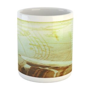 lunarable music mug, print of piano keys on background with music notes image nostalgia jazz theme, printed ceramic coffee mug water tea drinks cup, pale yellow black