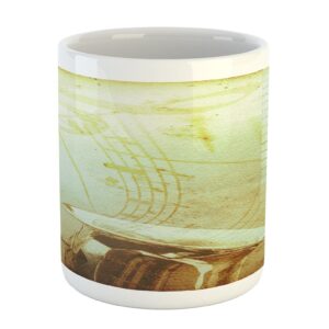 Lunarable Music Mug, Print of Piano Keys on Background with Music Notes Image Nostalgia Jazz Theme, Printed Ceramic Coffee Mug Water Tea Drinks Cup, Pale Yellow Black