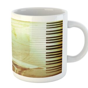 Lunarable Music Mug, Print of Piano Keys on Background with Music Notes Image Nostalgia Jazz Theme, Printed Ceramic Coffee Mug Water Tea Drinks Cup, Pale Yellow Black