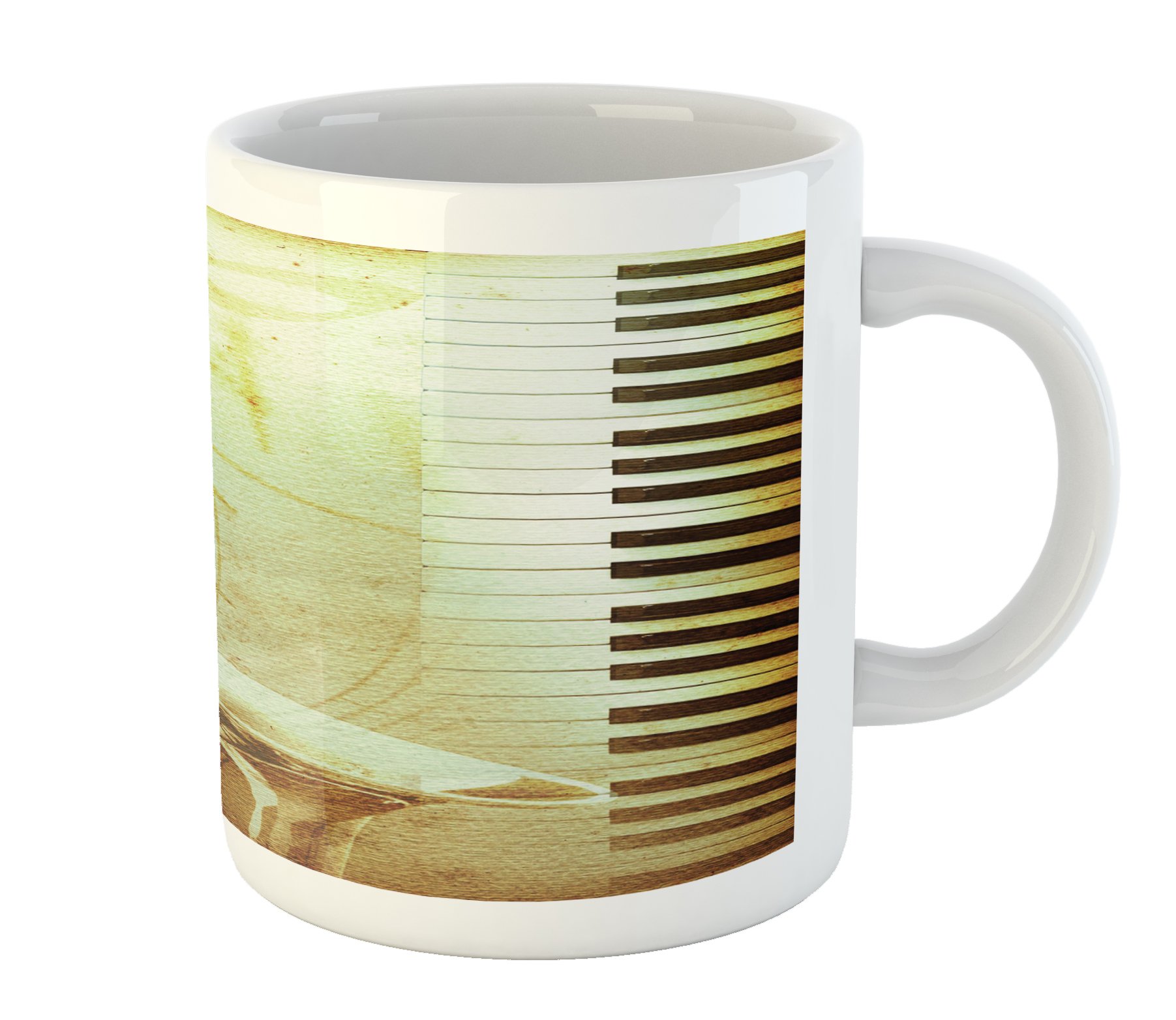 Lunarable Music Mug, Print of Piano Keys on Background with Music Notes Image Nostalgia Jazz Theme, Printed Ceramic Coffee Mug Water Tea Drinks Cup, Pale Yellow Black