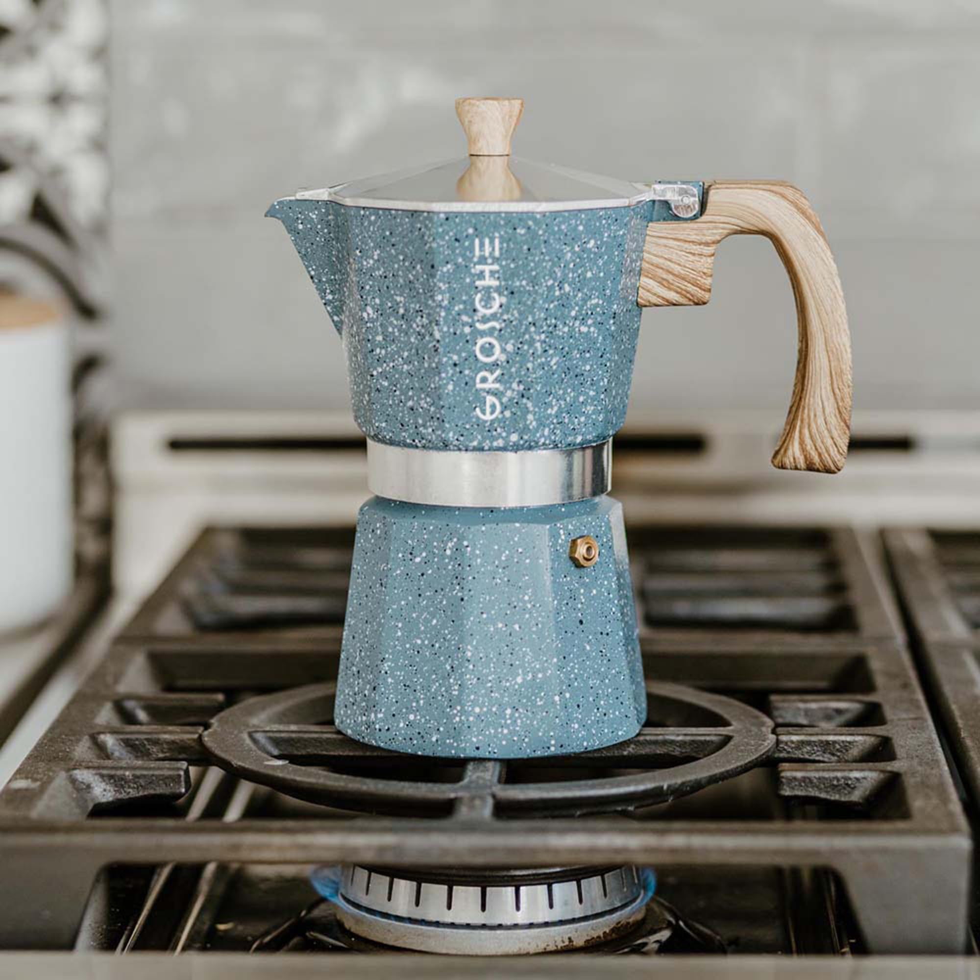 GROSCHE Milano Moka pot, Stovetop Espresso maker, Greca Coffee Maker, Stovetop coffee maker and espresso maker percolator (Indigo, 6 cup)