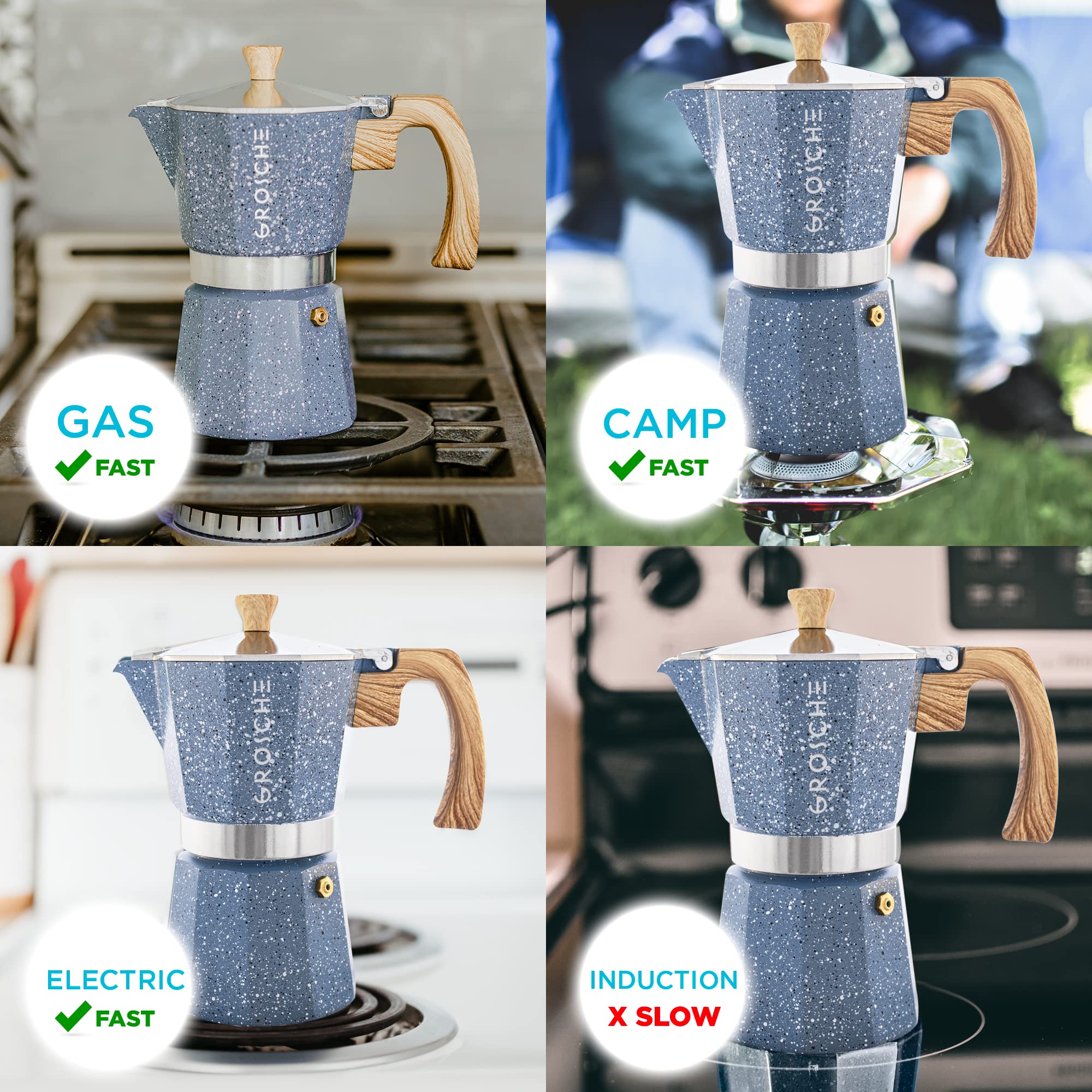 GROSCHE Milano Moka pot, Stovetop Espresso maker, Greca Coffee Maker, Stovetop coffee maker and espresso maker percolator (Indigo, 6 cup)