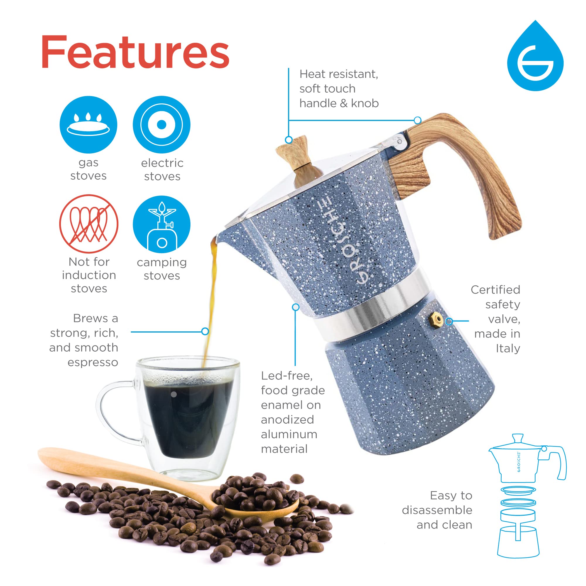 GROSCHE Milano Moka pot, Stovetop Espresso maker, Greca Coffee Maker, Stovetop coffee maker and espresso maker percolator (Indigo, 6 cup)