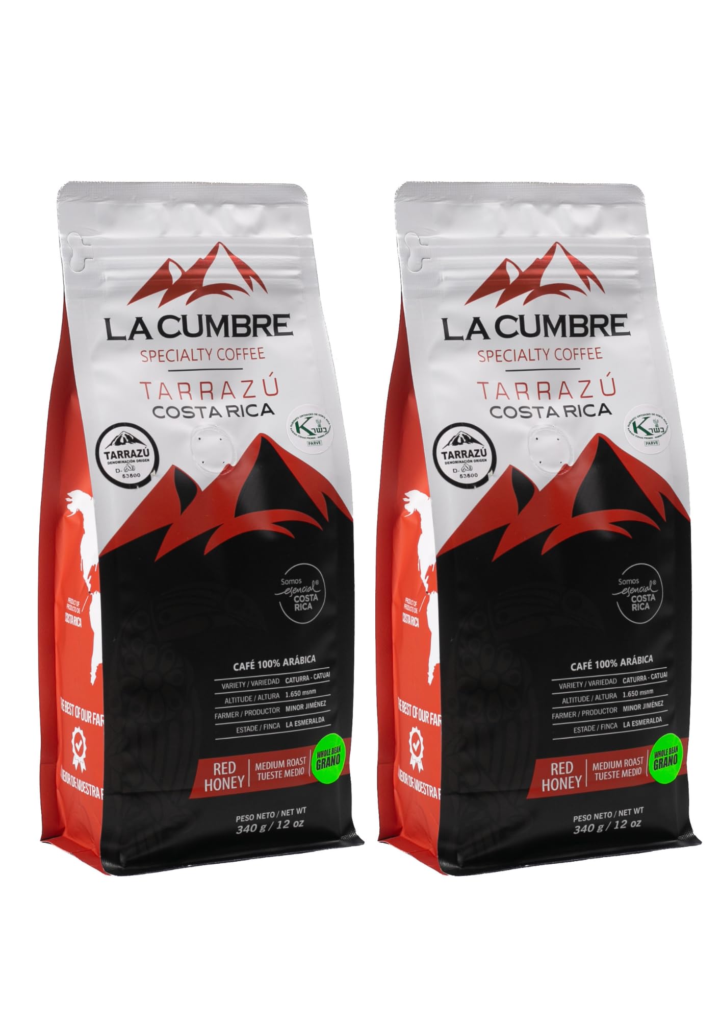 La Cumbre Specialty Coffee Whole Bean Medium Roast, Arabica Beans, Low Acid, Gourmet Whole Bean, Vegan, Kosher & Keto Friendly, Red Honey Process 12 oz, 2 Pack