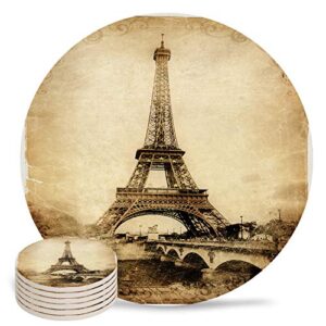 coasters for drinks absorbent ceramic stone place mats nostalgic paris eiffel tower retro romantic city old art illustration drink coffee coaster with cork base tabletop protection for mugs & cups