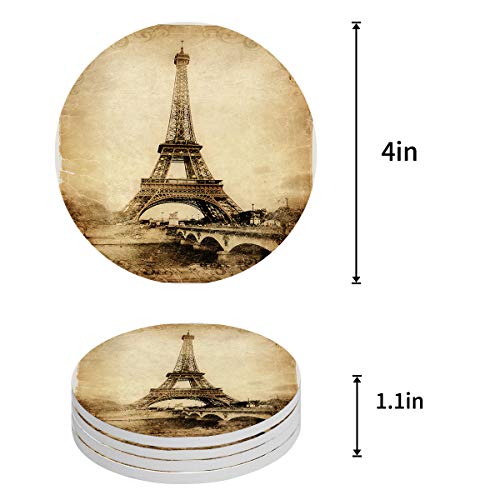 Coasters for Drinks Absorbent Ceramic Stone Place Mats Nostalgic Paris Eiffel Tower Retro Romantic City Old Art Illustration Drink Coffee Coaster with Cork Base Tabletop Protection for Mugs & Cups