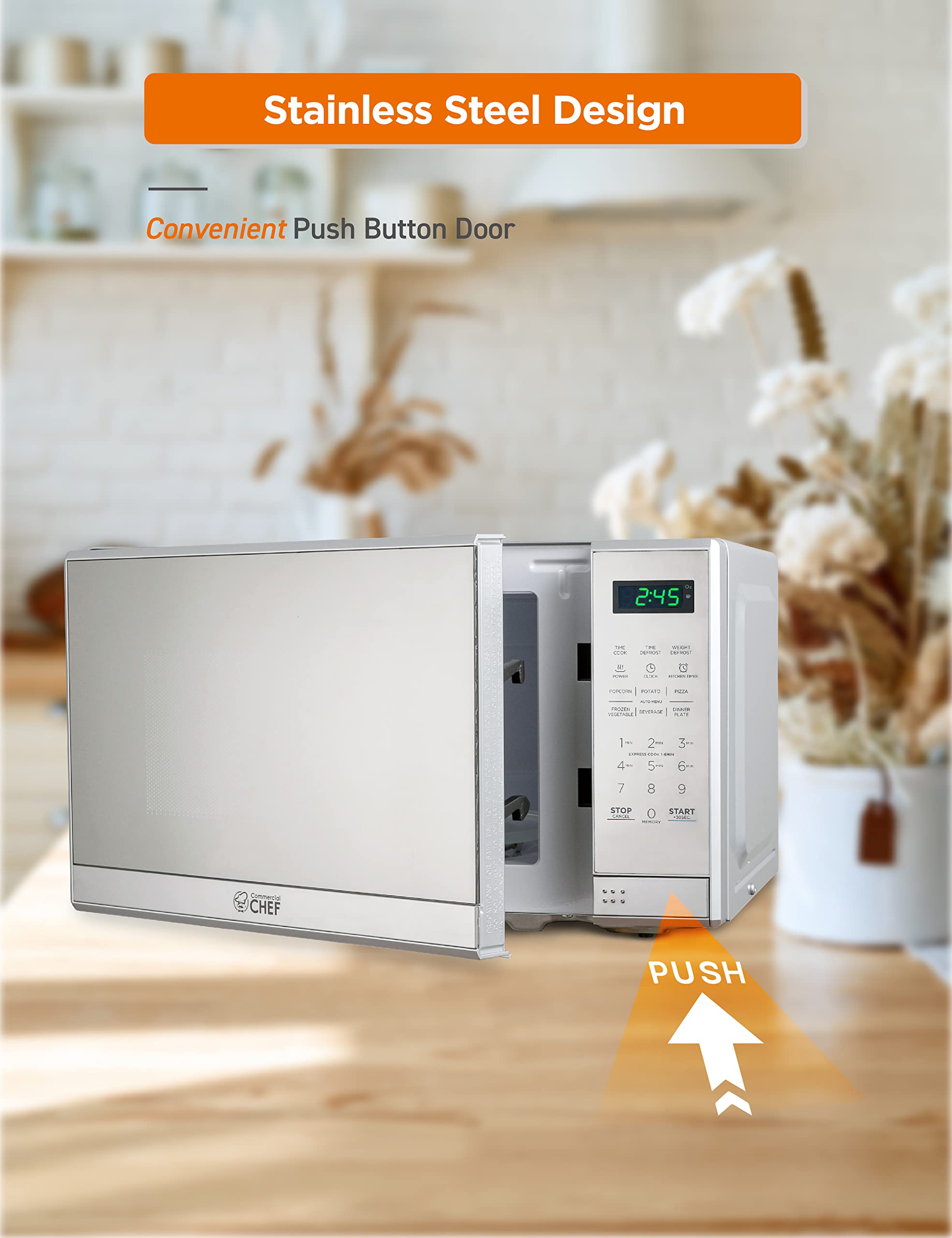 COMMERCIAL CHEF 0.7 Cu Ft Microwave with 10 Power Levels, 700W Microwave with Digital Display, Countertop Microwave with Child Safety Door Lock, Programmable with Push Button, Stainless Steel