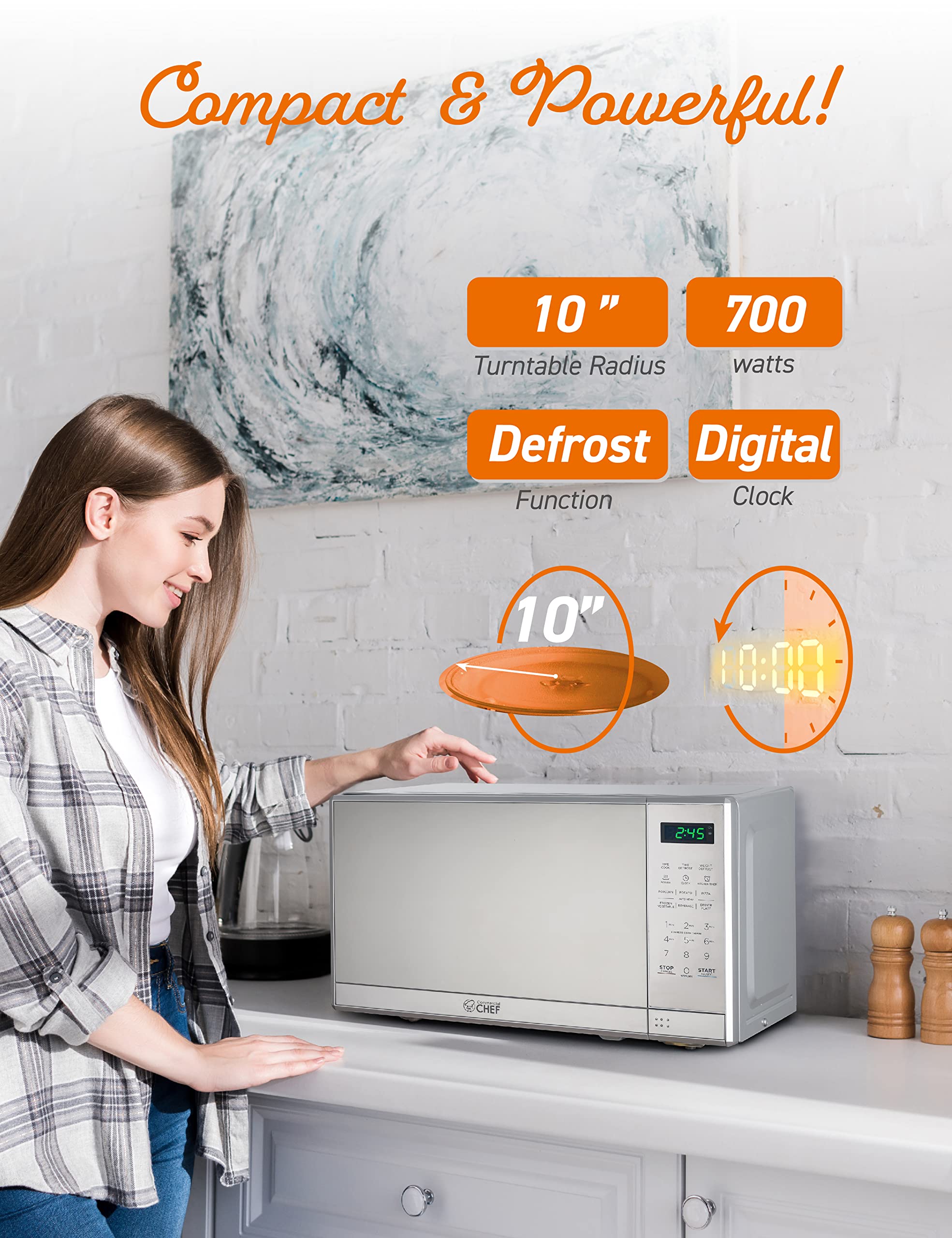 COMMERCIAL CHEF 0.7 Cu Ft Microwave with 10 Power Levels, 700W Microwave with Digital Display, Countertop Microwave with Child Safety Door Lock, Programmable with Push Button, Stainless Steel