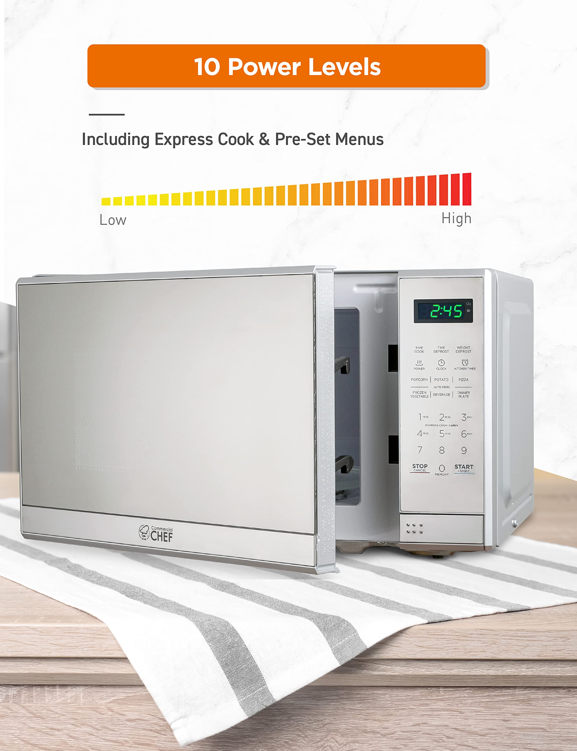 COMMERCIAL CHEF 0.7 Cu Ft Microwave with 10 Power Levels, 700W Microwave with Digital Display, Countertop Microwave with Child Safety Door Lock, Programmable with Push Button, Stainless Steel