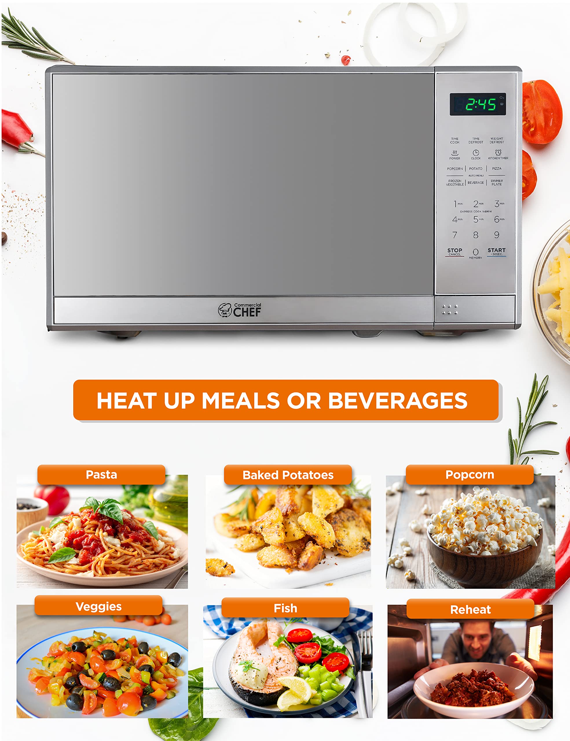 COMMERCIAL CHEF 0.7 Cu Ft Microwave with 10 Power Levels, 700W Microwave with Digital Display, Countertop Microwave with Child Safety Door Lock, Programmable with Push Button, Stainless Steel