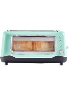 dash clear view toaster - compact design with 7 browning levels & clear-view window, extra-wide slot large toaster, 1-touch defrost, reheat & bagel functions - easy clean up crumb tray (aqua)