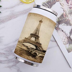 14oz Stainless Steel Tumbler with Lid & Straw-Double Wall Vacuum Insulated Travel Mug,Retro Eiffel Paris Tower Pattern Water Bottle Coffee Beverage Drinks Cup for Adults Kids