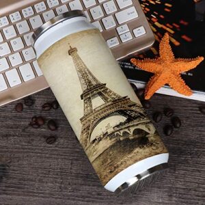 14oz Stainless Steel Tumbler with Lid & Straw-Double Wall Vacuum Insulated Travel Mug,Retro Eiffel Paris Tower Pattern Water Bottle Coffee Beverage Drinks Cup for Adults Kids