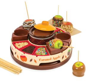 nostalgia cca5 lazy susan chocolate & caramel apple party with heated fondue pot, 25 sticks, decorating and toppings trays