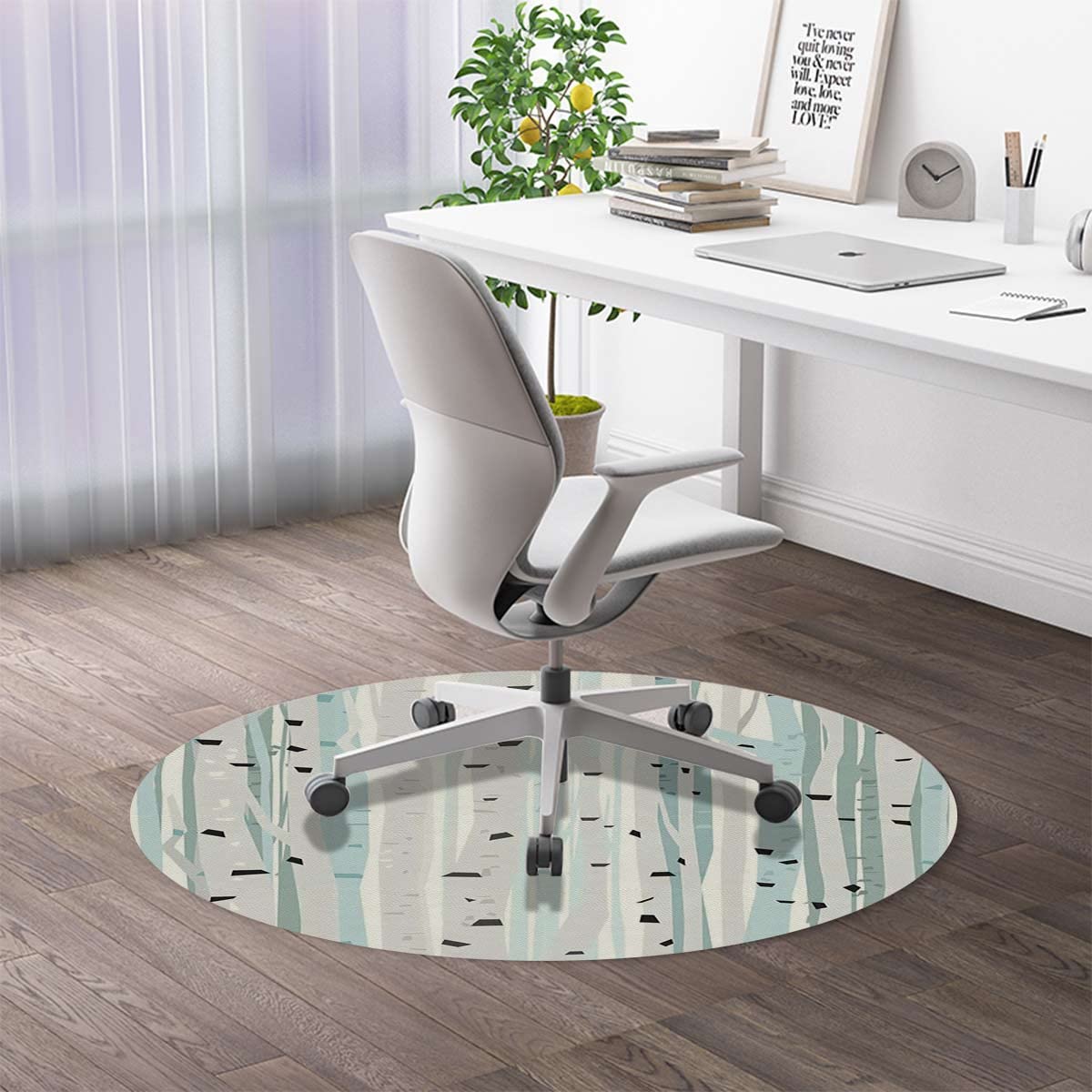 Green Grey Chair Mat Office Protector for Hardwood Floors Dense Tree Formation White Fall Birch Trees Anti-Slip Floor Protection Mat Multi-Purpose Chair Carpet for Desk Forest Diameter 35.4 in