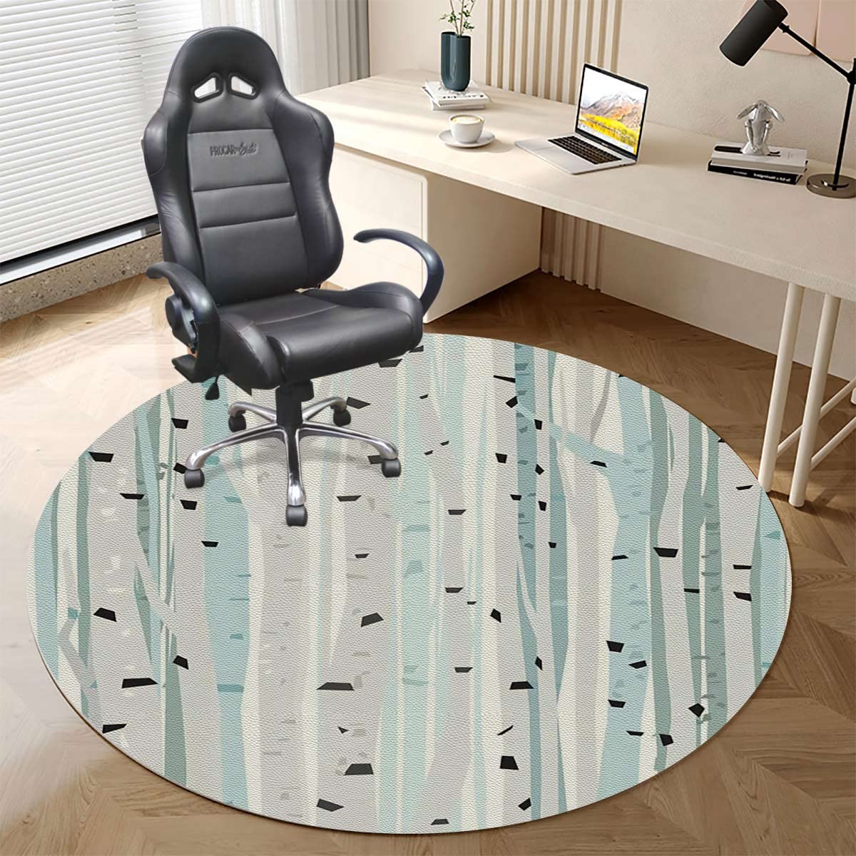 Green Grey Chair Mat Office Protector for Hardwood Floors Dense Tree Formation White Fall Birch Trees Anti-Slip Floor Protection Mat Multi-Purpose Chair Carpet for Desk Forest Diameter 35.4 in