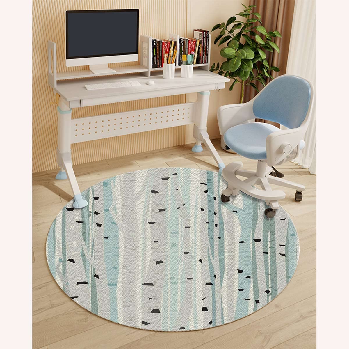 Green Grey Chair Mat Office Protector for Hardwood Floors Dense Tree Formation White Fall Birch Trees Anti-Slip Floor Protection Mat Multi-Purpose Chair Carpet for Desk Forest Diameter 35.4 in