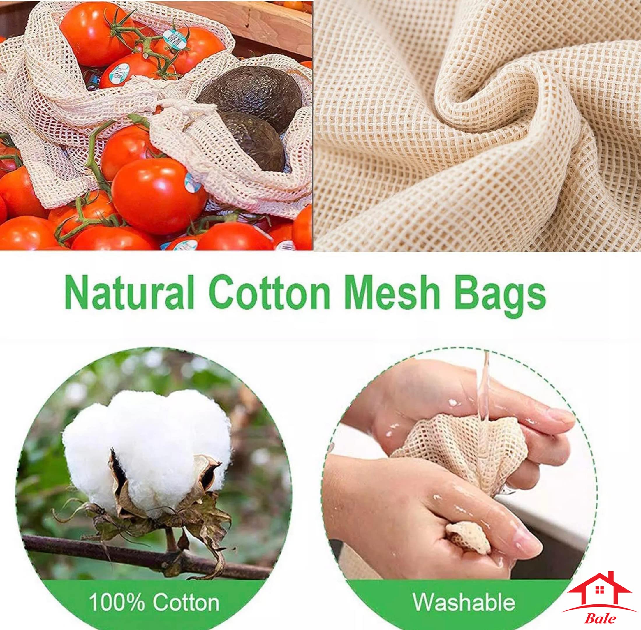 BaLe Set of 12 Reusable Produce Bag,Washable Reusable Organic Net Laundry Cotton Mesh Bag,Drawstring Bags for Grocery & Storage