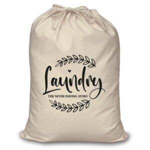 big events cotton laundry bag for clothes - travel organizer - eco-friendly 100% pure cotton drawstring bag - large size - hanging laundry bag foldable and washable never ending story (pack of 1)