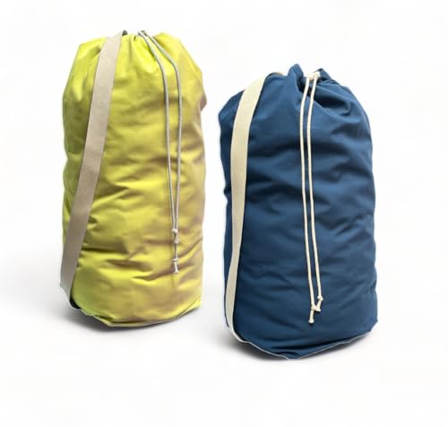 SET of 2 - Premium Cotton Laundry Bags, SIZE: 28" x 14", Drawstring, Closure, Shoulder Strap, Washable, Durable Natural Organic Fabric, made in USA. (Yellow/Navy)