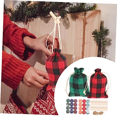 NOLITOY 2 Sets Plaid Bag Set Christmas Treat Bags Candy Storage Pouches Christmas Gift Wrapping Bag Advent Calendar Drawstring Bags Drawstring Candy Bags Storage Rack Wooden Christmas Tree