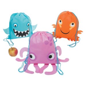 fun express sea life ocean reusable drawstring bags (set of 12) shark, octopus and crab - vbs vacation bible school supplies/decor