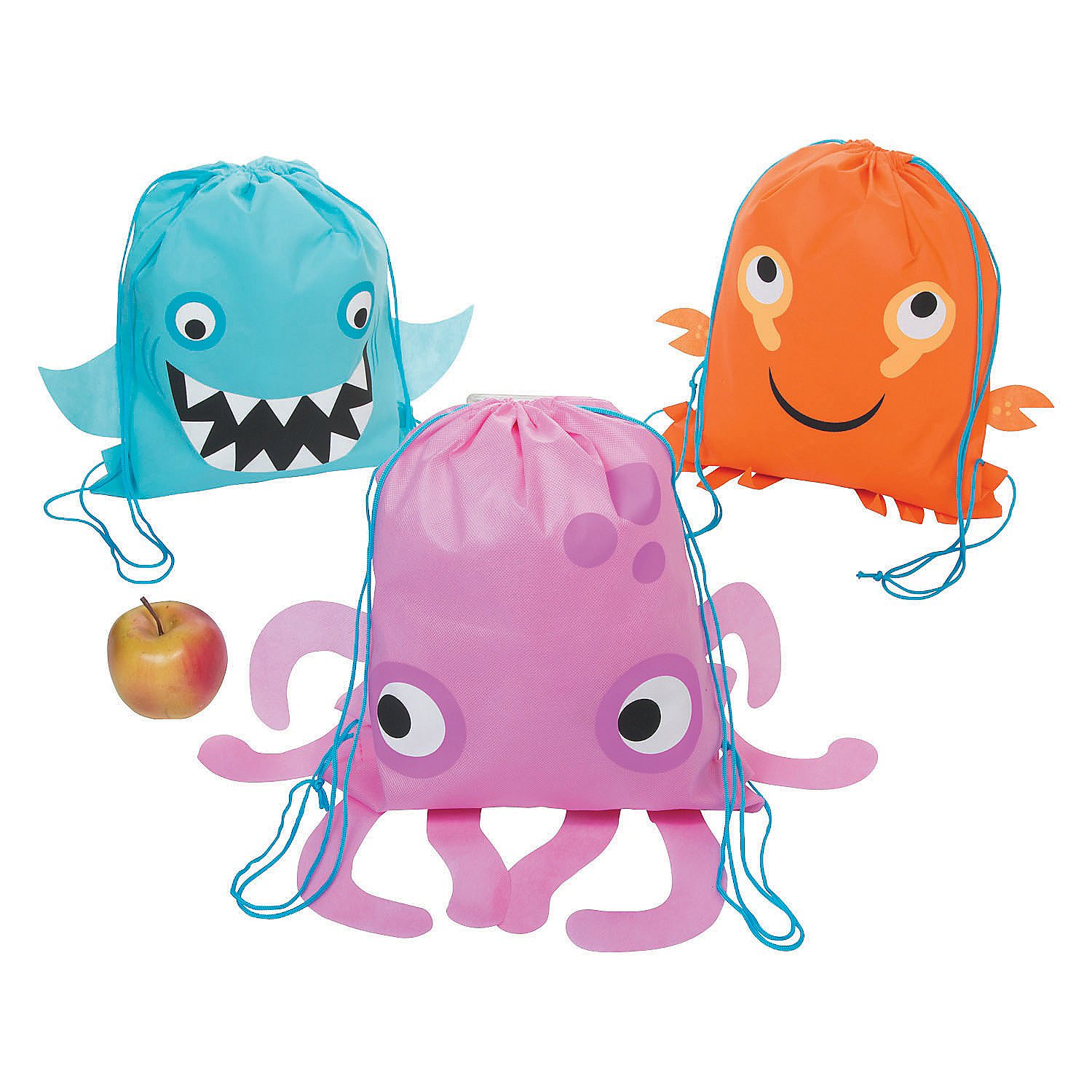 Fun Express Sea life Ocean Reusable Drawstring Bags (set of 12) Shark, Octopus and Crab - VBS Vacation Bible School Supplies/Decor