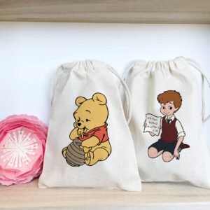 DAYIMG Winnie Party Favor Bags Cotton 8 Pack Small Drawstring Goody Bag Cute Pooh Baby Shower Decorations 1 St Birthday Party Supplies