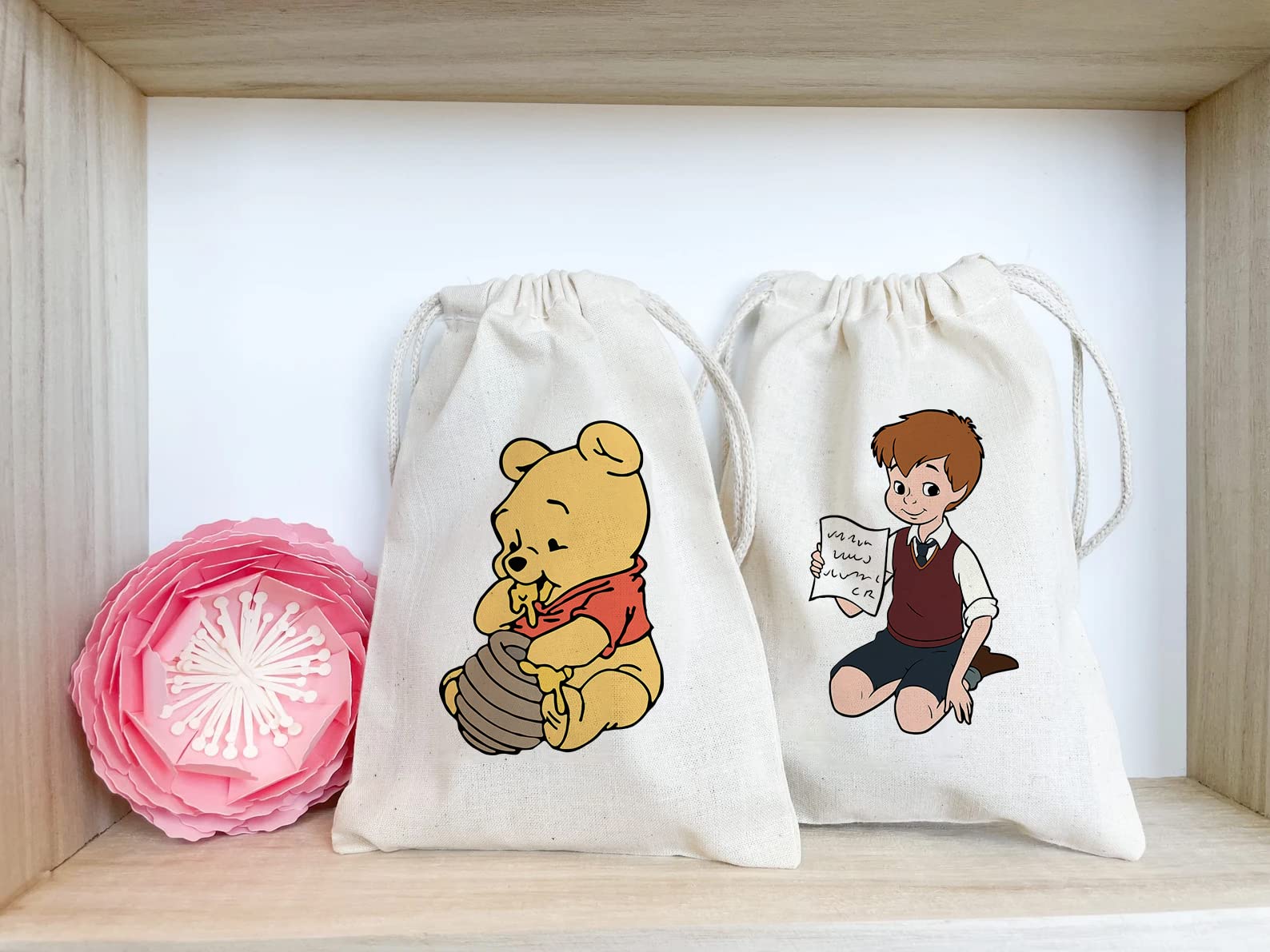 DAYIMG Winnie Party Favor Bags Cotton 8 Pack Small Drawstring Goody Bag Cute Pooh Baby Shower Decorations 1 St Birthday Party Supplies