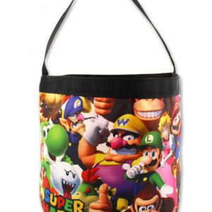 Super Mario Brothers Collapsible Nylon Gift Basket Bucket Tote Bag (One Size, Black/Multi)