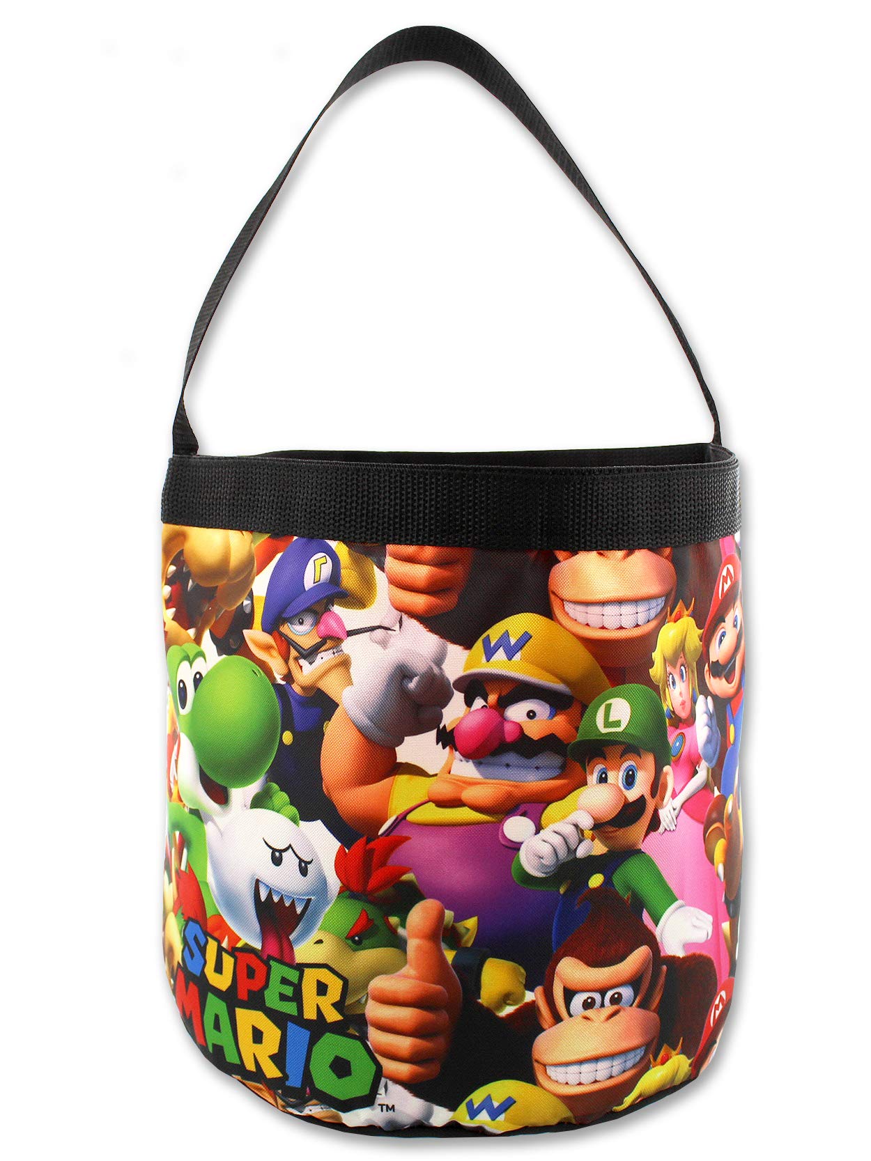 Super Mario Brothers Collapsible Nylon Gift Basket Bucket Tote Bag (One Size, Black/Multi)