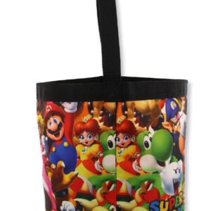 Super Mario Brothers Collapsible Nylon Gift Basket Bucket Tote Bag (One Size, Black/Multi)