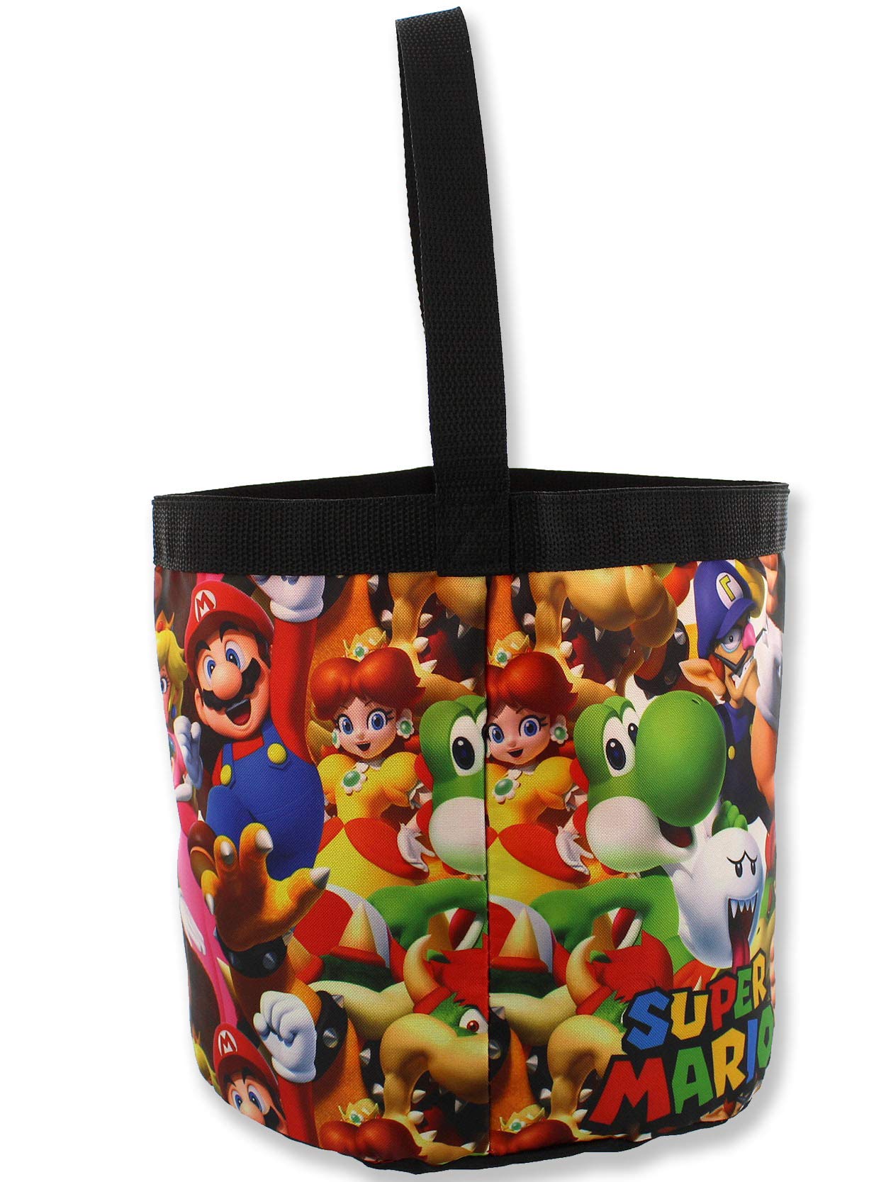 Super Mario Brothers Collapsible Nylon Gift Basket Bucket Tote Bag (One Size, Black/Multi)