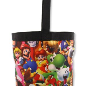 Super Mario Brothers Collapsible Nylon Gift Basket Bucket Tote Bag (One Size, Black/Multi)