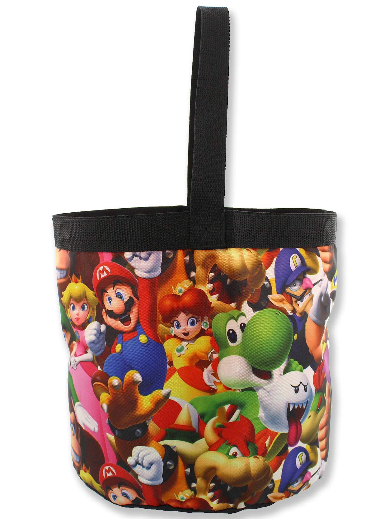 Super Mario Brothers Collapsible Nylon Gift Basket Bucket Tote Bag (One Size, Black/Multi)