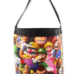 Super Mario Brothers Collapsible Nylon Gift Basket Bucket Tote Bag (One Size, Black/Multi)