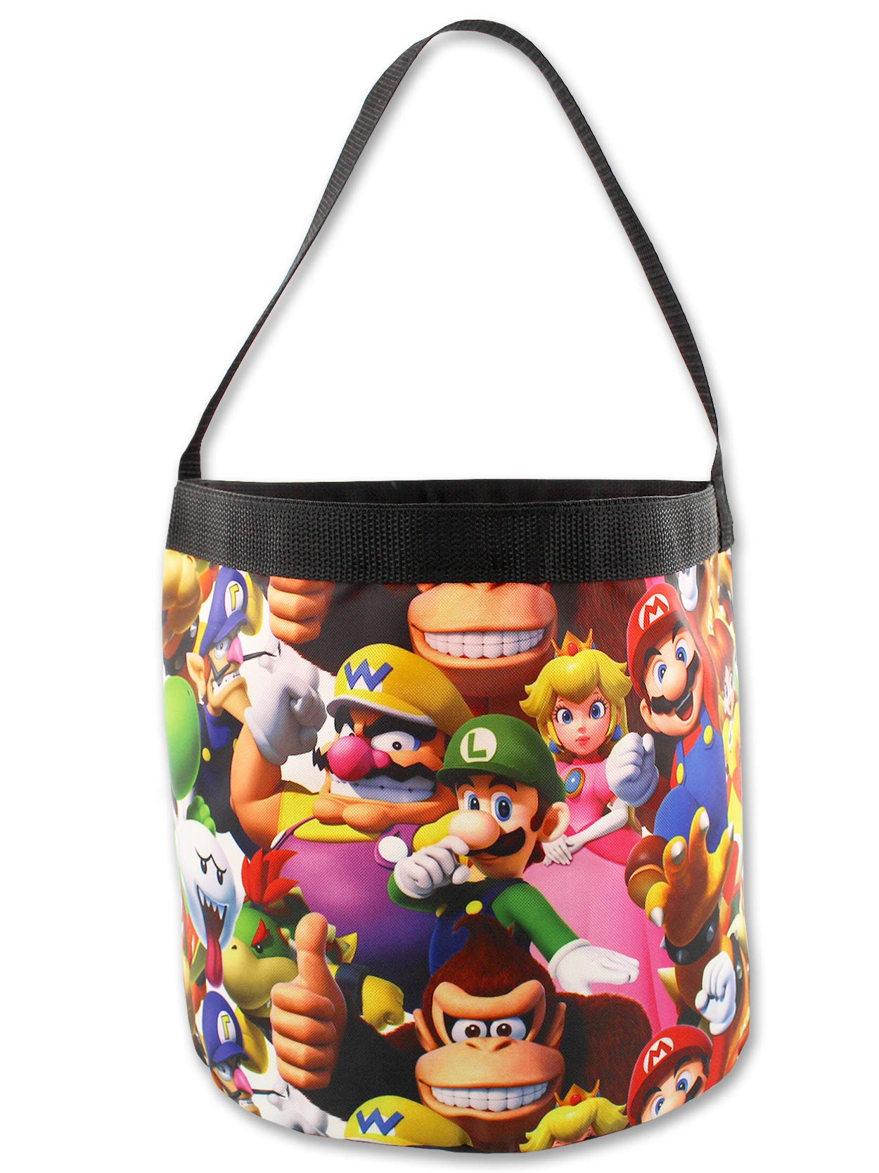 Super Mario Brothers Collapsible Nylon Gift Basket Bucket Tote Bag (One Size, Black/Multi)