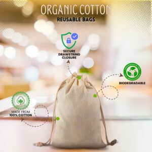 ecogreentextiles 18x20 in 100 pcs Organic Cotton Muslin Bags with Drawstrings - 100% Natural Cotton Bags, Washable, Biodegradable, Food Safe - Ideal for Shopping, Storage, Spices, Crafts