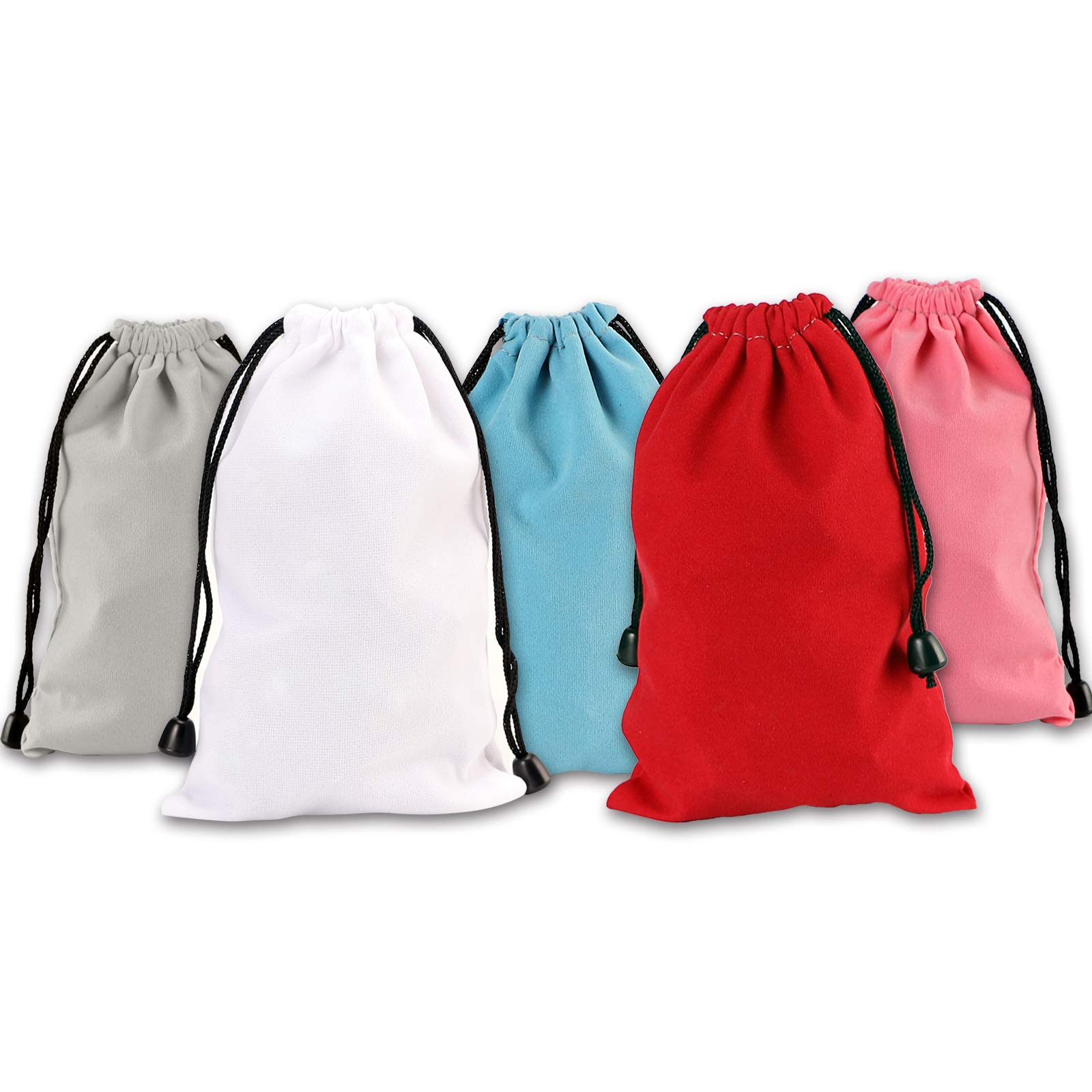 RUTICH Pack Of 25 Mixed colors Large 6.75" X 4.75" Pouch bags - Elegant Velvet Drawstring Bags Jewelry Pouches for Jewelry, Gifts, Event Supplies (White Red Gray Pink Blue)